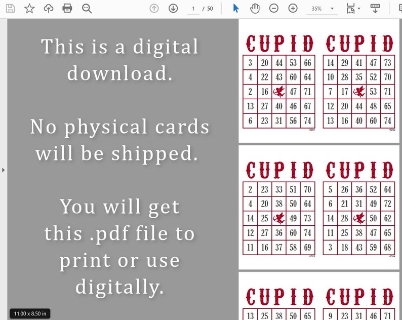 100 Cupid Bingo Cards Pdf Download, 1, 2, and 4 per Page, Instant ...