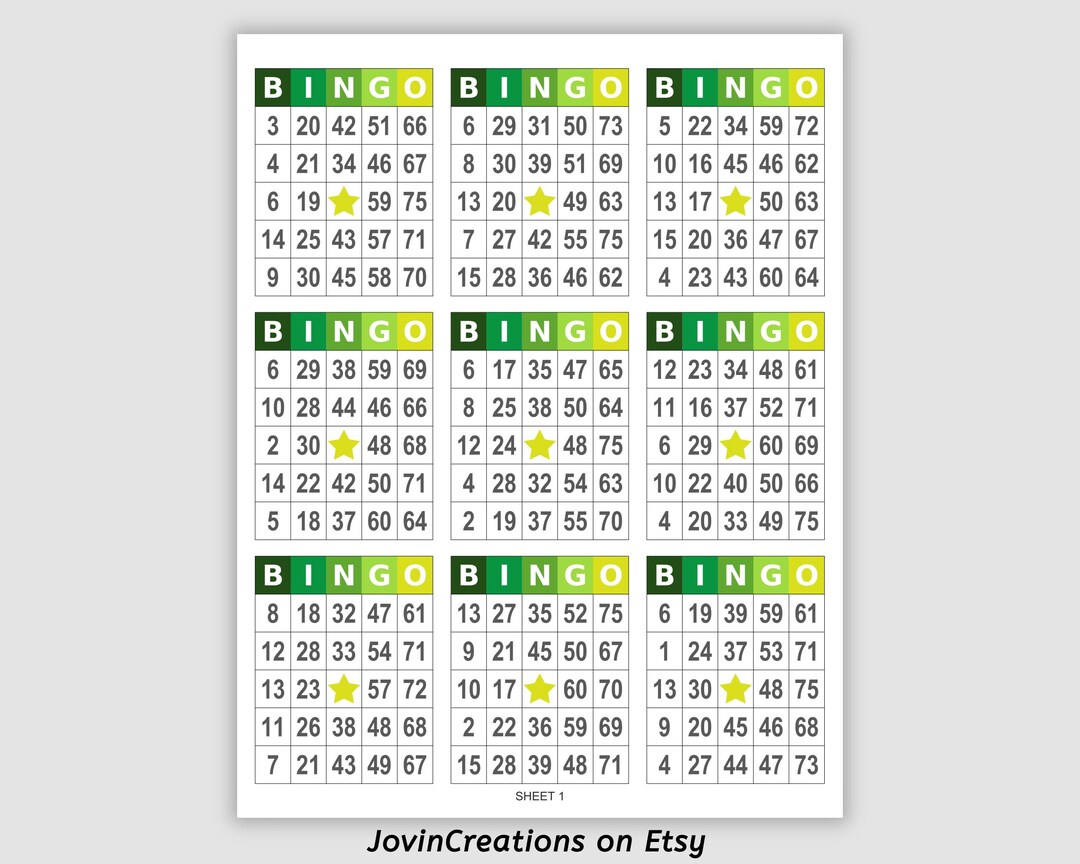 1800 Green Bingo Cards 200 Sheets 9 Games on Each Sheet 9up Bingo ...