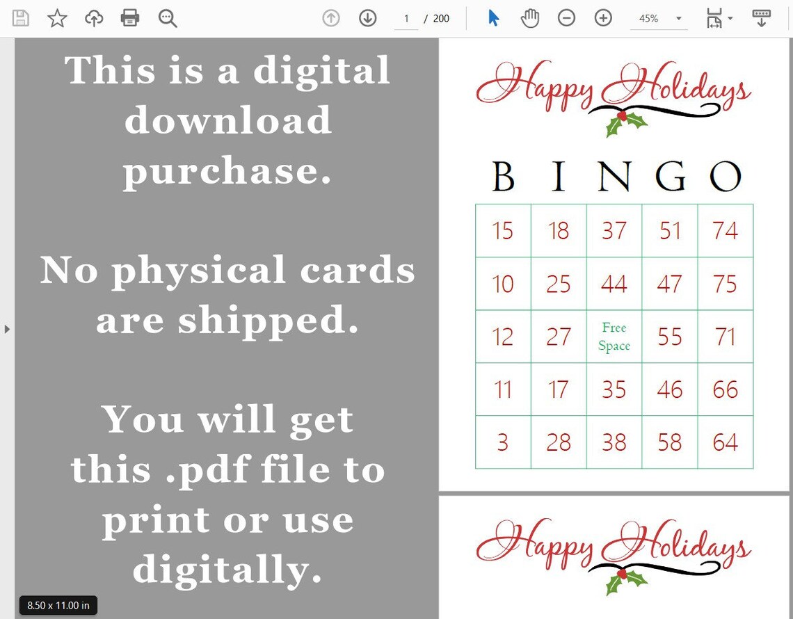 200 Happy Holidays Bingo Cards Pdf Download 1 per Page - Etsy