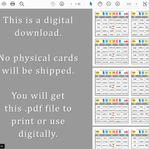 100 Summer Bingo Cards, Pdf Download, 1, 2, and 4 per Page, 50 Call ...