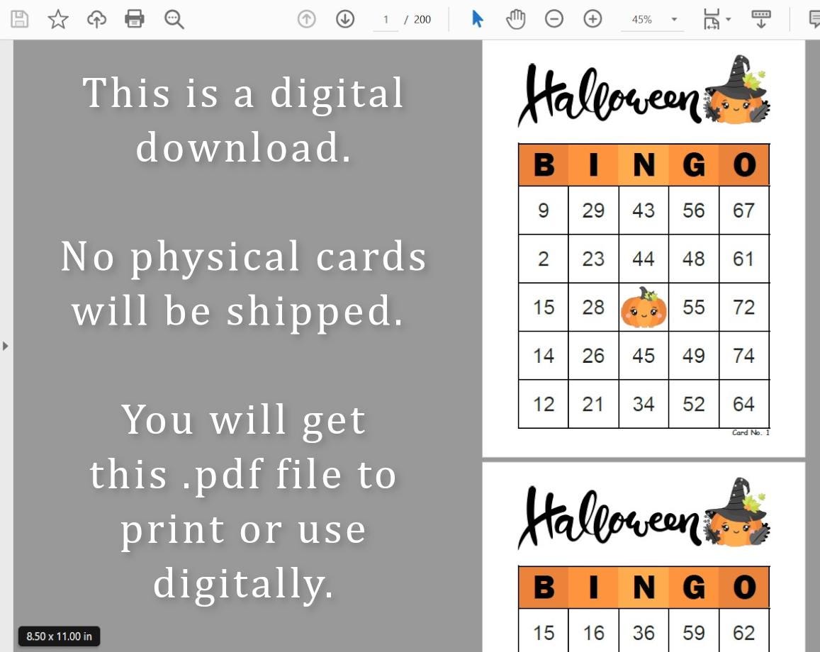 200 Halloween Bingo Cards PDF, 1, 2, and 4 per Page, Halloween Bingo ...