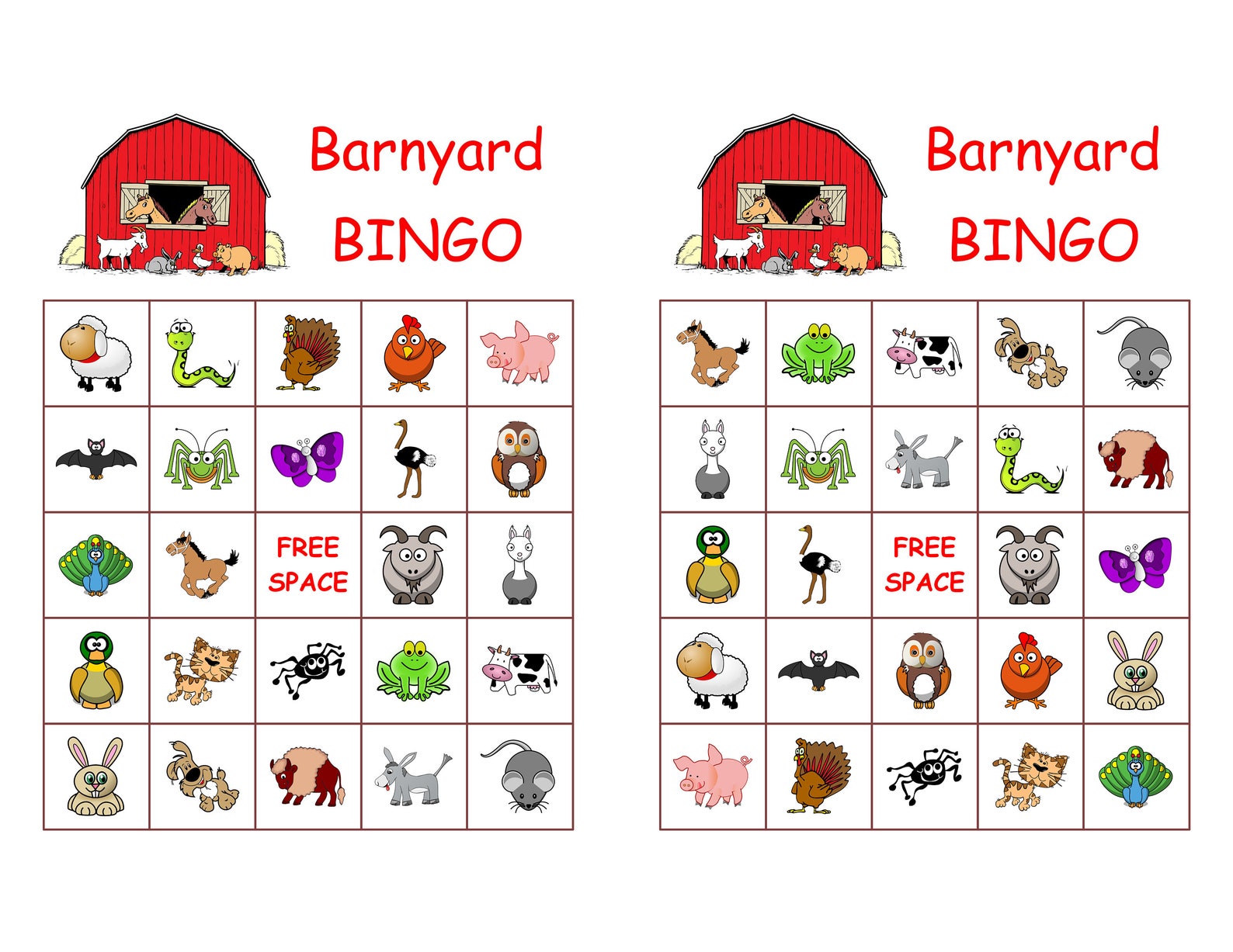 100 Barnyard Animal Themed Picture Bingo Cards 2 per Page - Etsy
