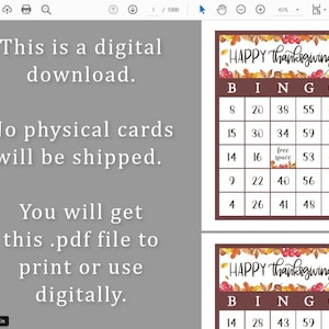1000 Thanksgiving Bingo Cards, 1, 2, and 4 per Page, Printable ...