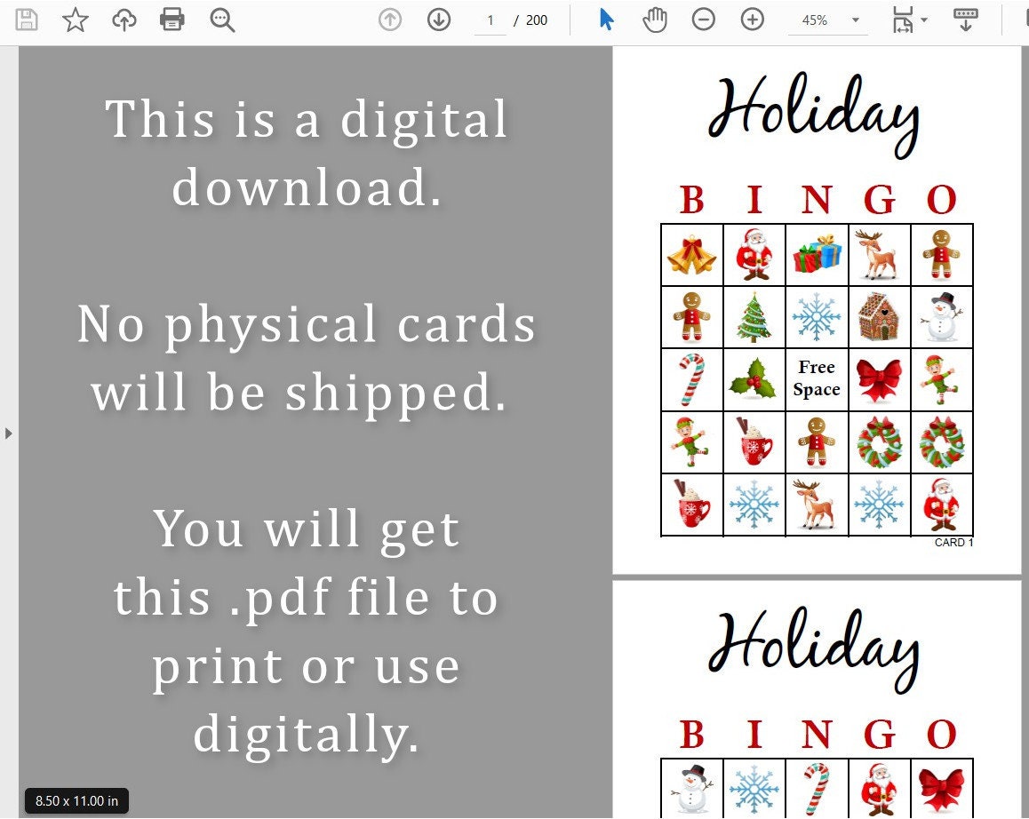 200 Holiday Bingo Cards Pdf Download, 75 Call, 1 and 2 per Page ...