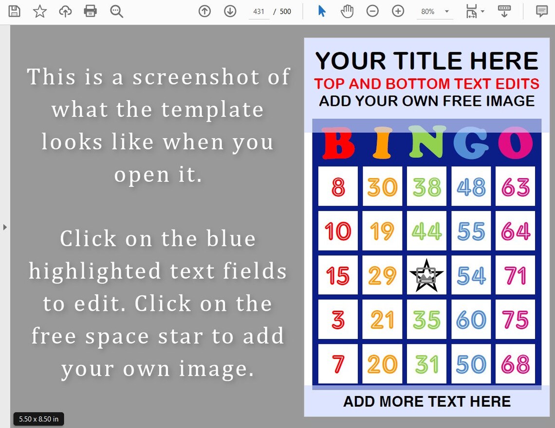 Editable 500 Card Bingo Template, Edit Text at Top and Bottom, Add Your ...