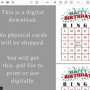 200 Birthday Bingo Cards Pdf Download, Instant Printable Fun Party Game ...