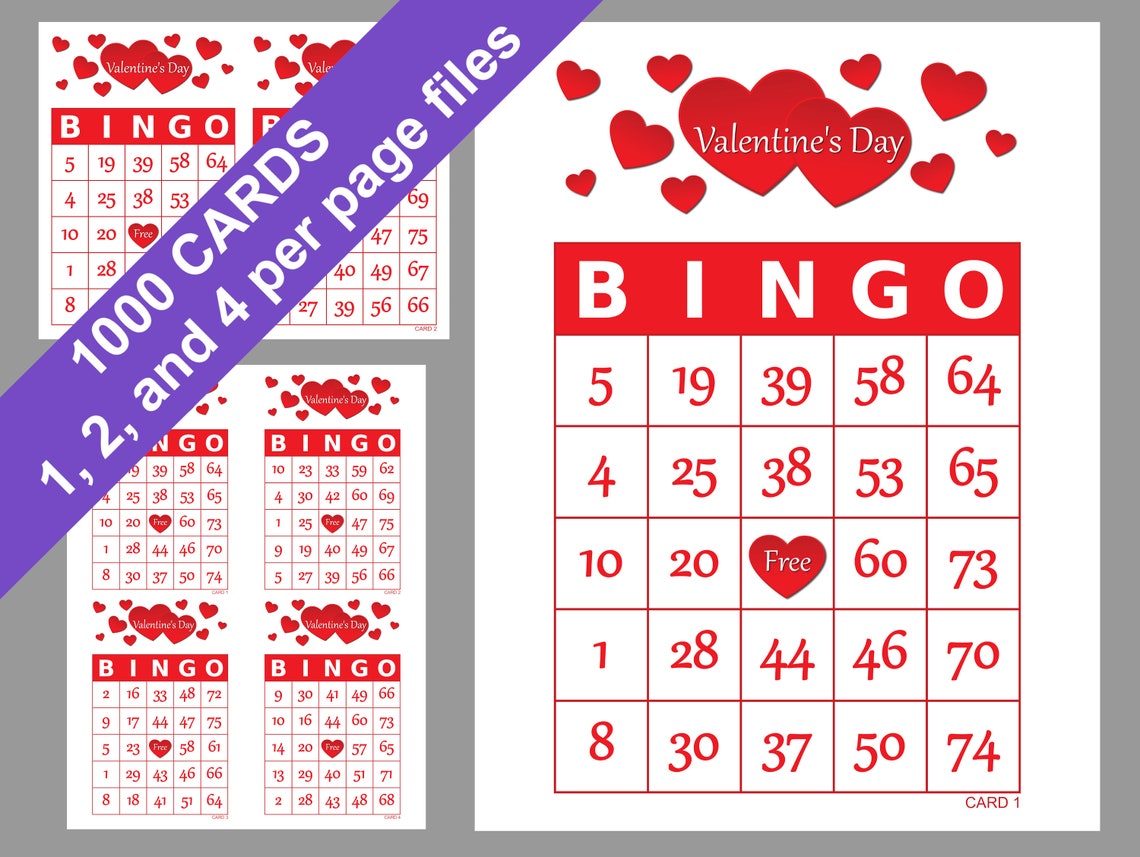 1000 Valentines Day Bingo Cards Pdf Download 1 2 and 4 per - Etsy