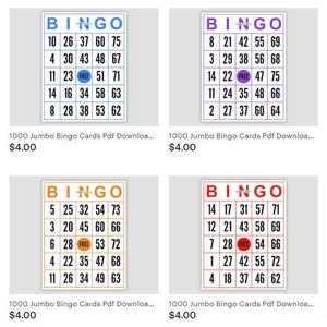 1000 Jumbo Bingo Cards Pdf Download, 1 per Page, Instant Printable Fun ...