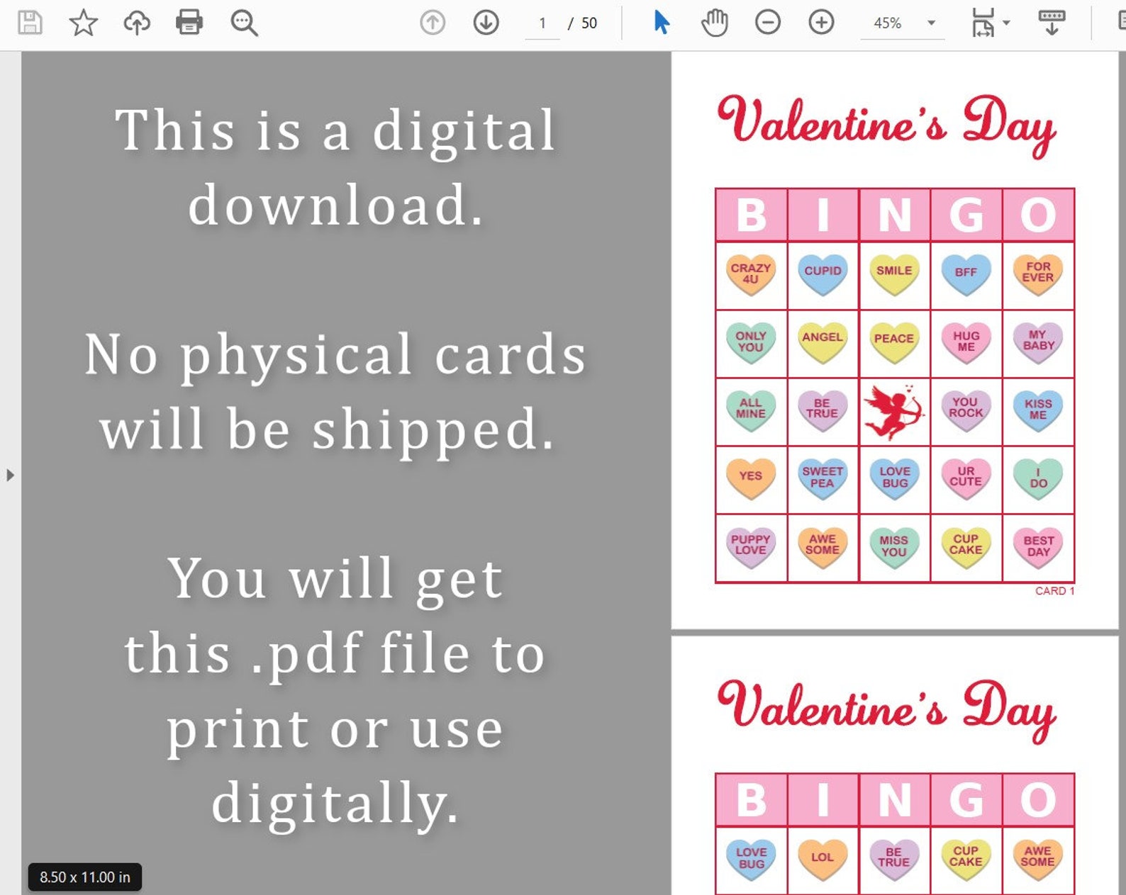 50 Valentine’s Day Bingo Cards Pdf Download, 1 and 2 per Page, Instant ...