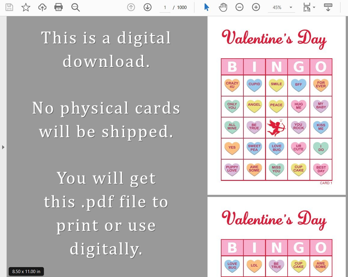 1000 Valentine’s Day Bingo Cards Pdf Download, 1, 2, and 4 per Page, 36 ...