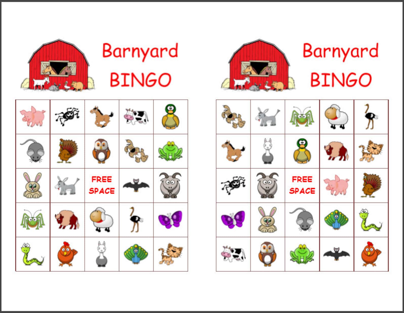 100 Barnyard Animal Themed Picture Bingo Cards 2 per Page | Etsy