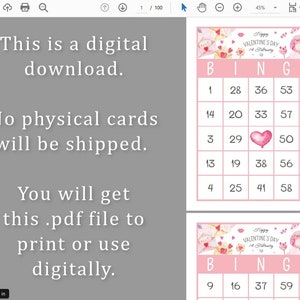 100 Valentine's Day Bingo Cards Pdf Download, 1 and 2 per Page, Instant ...