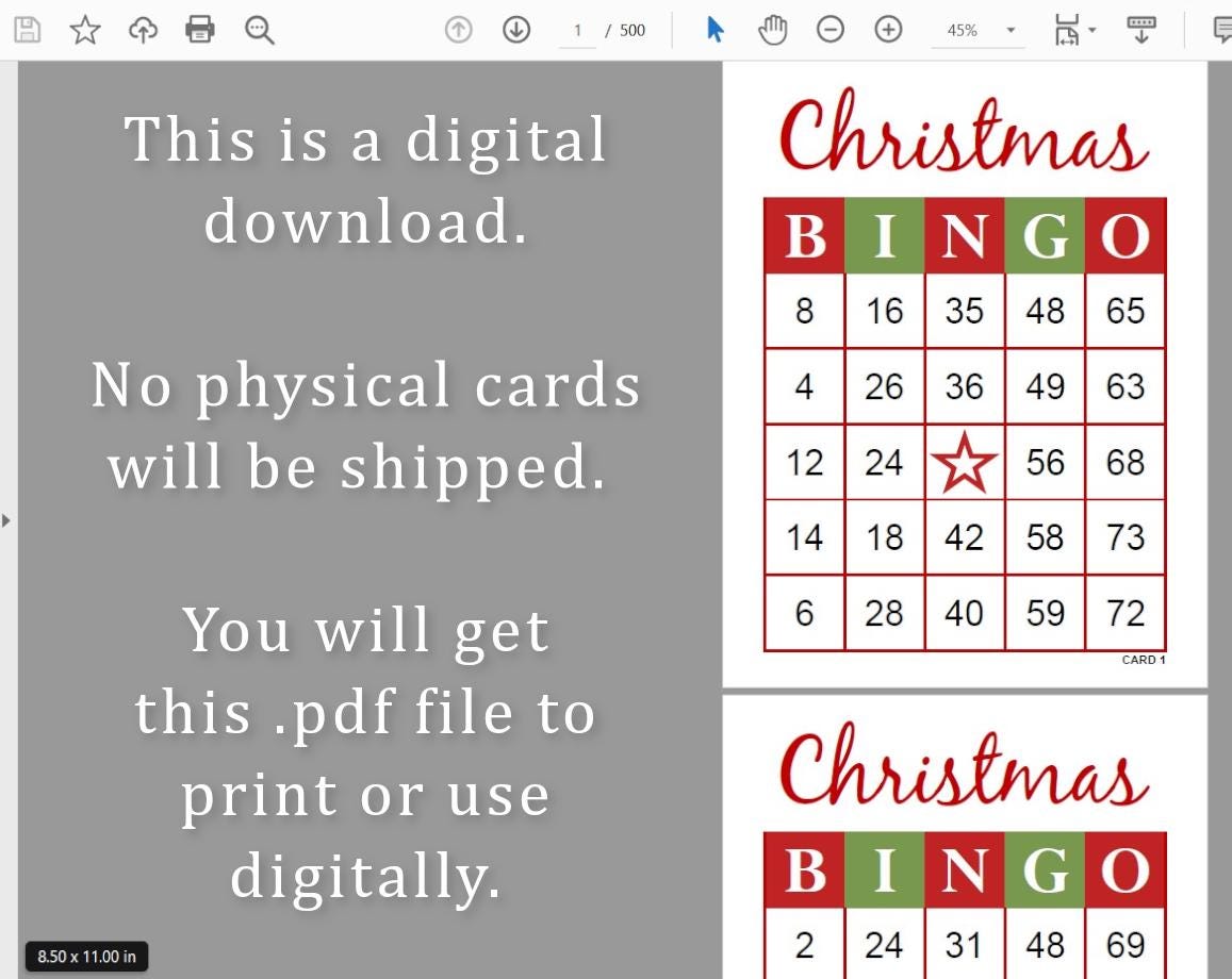 500 Christmas Bingo Cards, 1, 2, and 4 per Page, Pdf Download, Instant ...