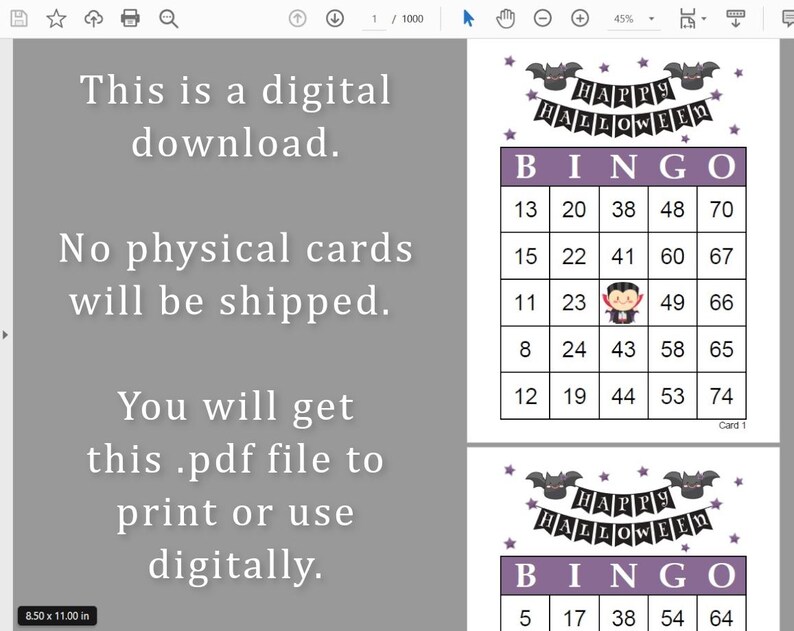 1000 Halloween Bingo Cards Pdf Download, 1, 2, and 4 per Page, Instant ...