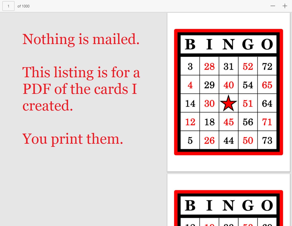 1000 Bingo Cards Pdf Download, 1 per Page, Instant Printable Fun Party ...