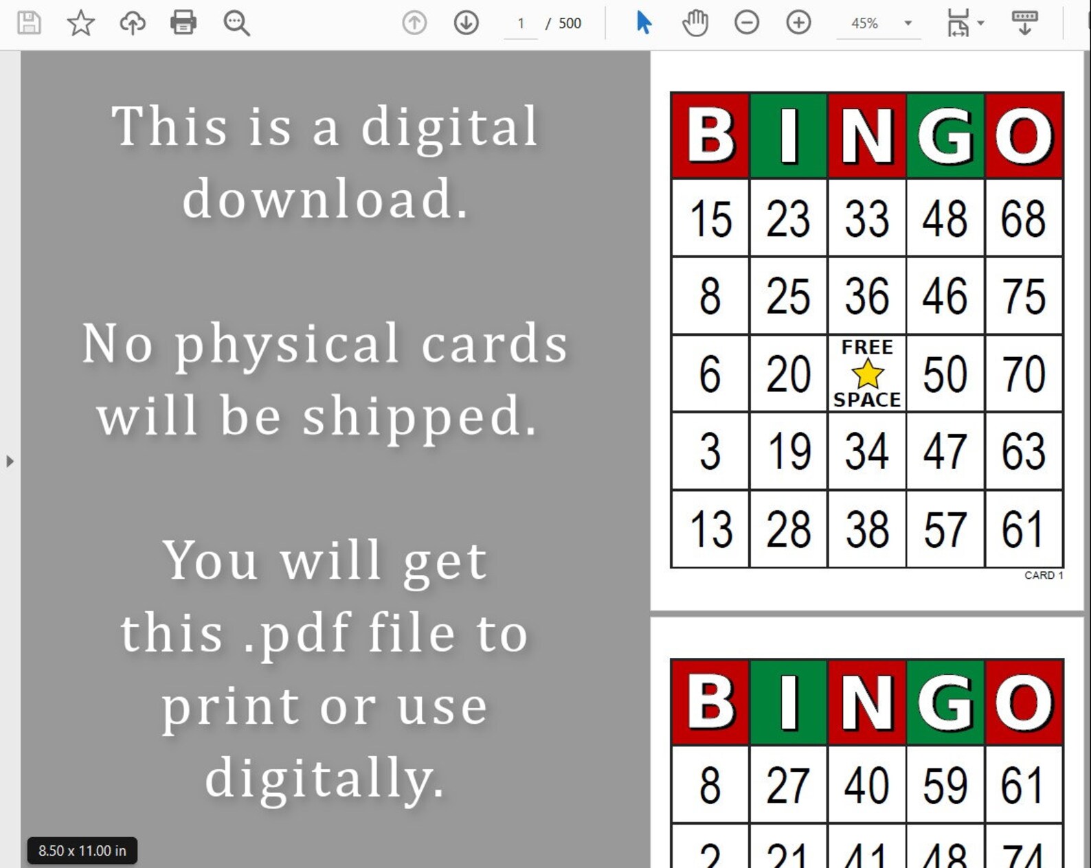 500 Red and Green Bingo Cards, 1, 2, and 4 per Page, Pdf Download ...
