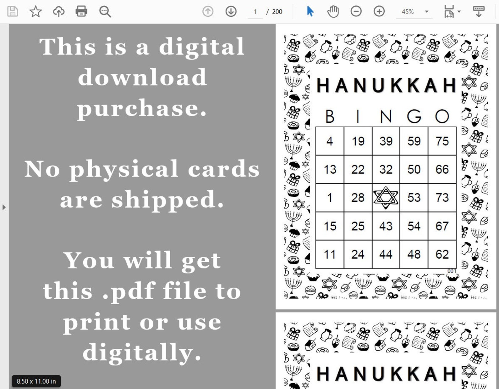 200 Hanukkah Bingo Cards Pdf Download 1 2 and 4 per Page - Etsy