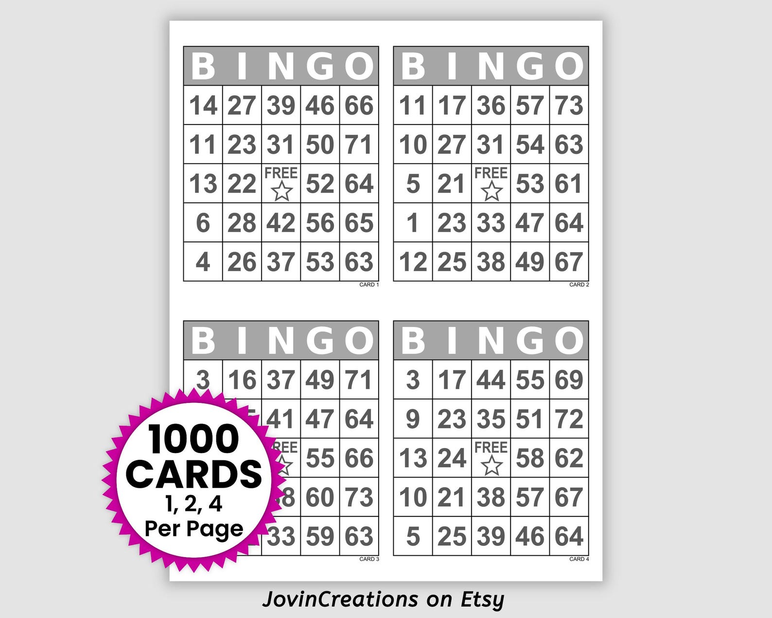 1000 Bingo Cards Pdf Download, 1, 2, and 4 per Page, Large Print ...