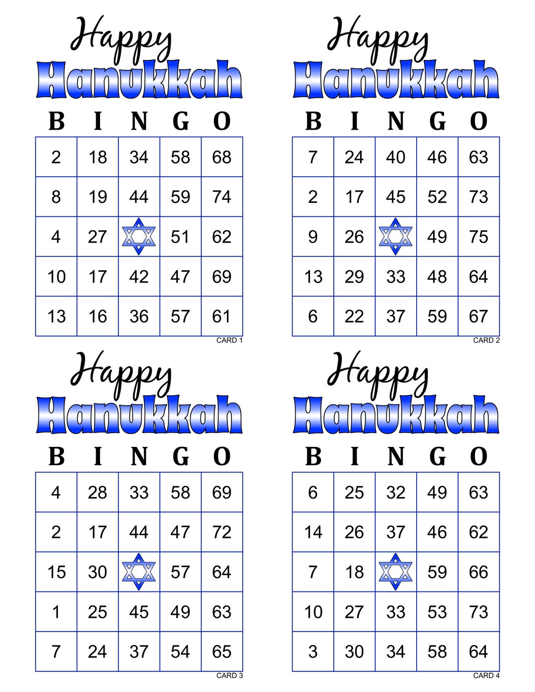 Happy Hanukkah Bingo Cards, 1000 Cards, Prints 4 per Page, Instant Pdf ...