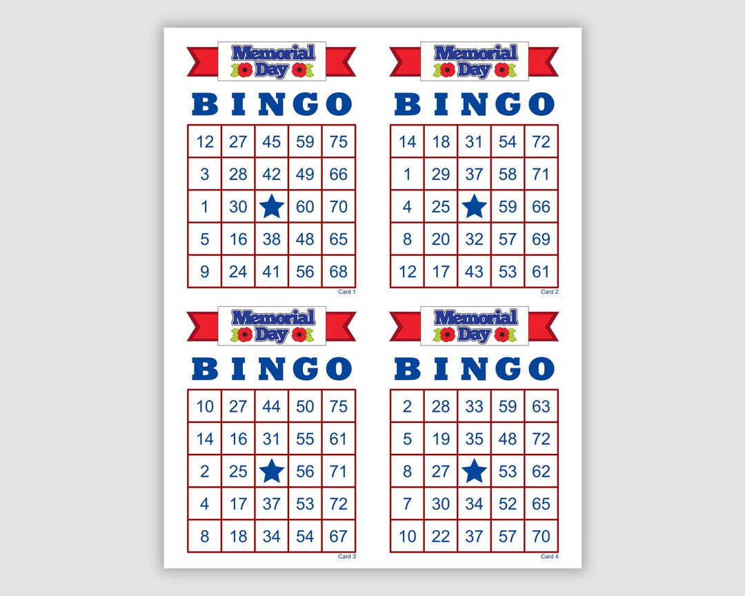 1000 Memorial Day Bingo Cards Pdf Download, 1, 2, and 4 per Page ...