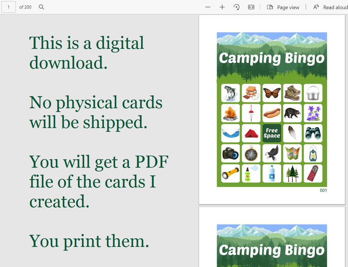 Camping Bingo Cards 200 cards prints 1 and 2 per page | Etsy