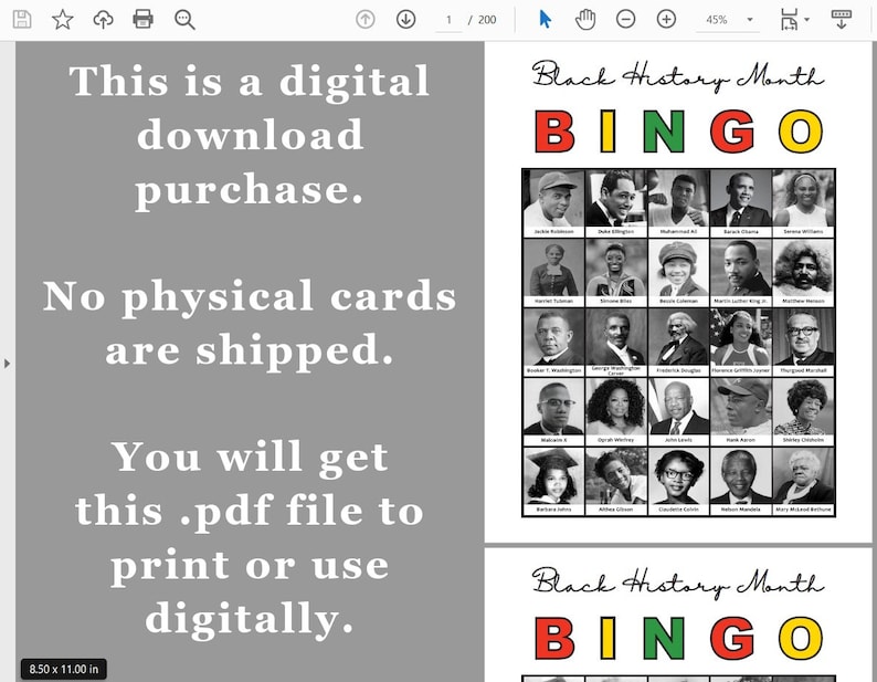 200 Black History Bingo Cards Pdf Download, 1 and 2 per Page, 36 Call ...