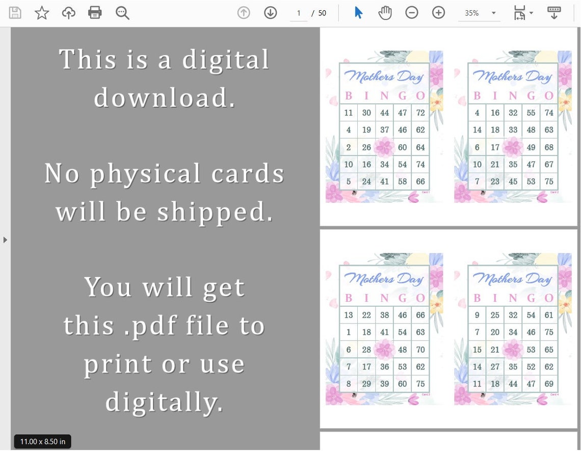 100 Mother's Day Bingo Cards Pdf Download, 1, 2, and 4 per Page, 75 ...