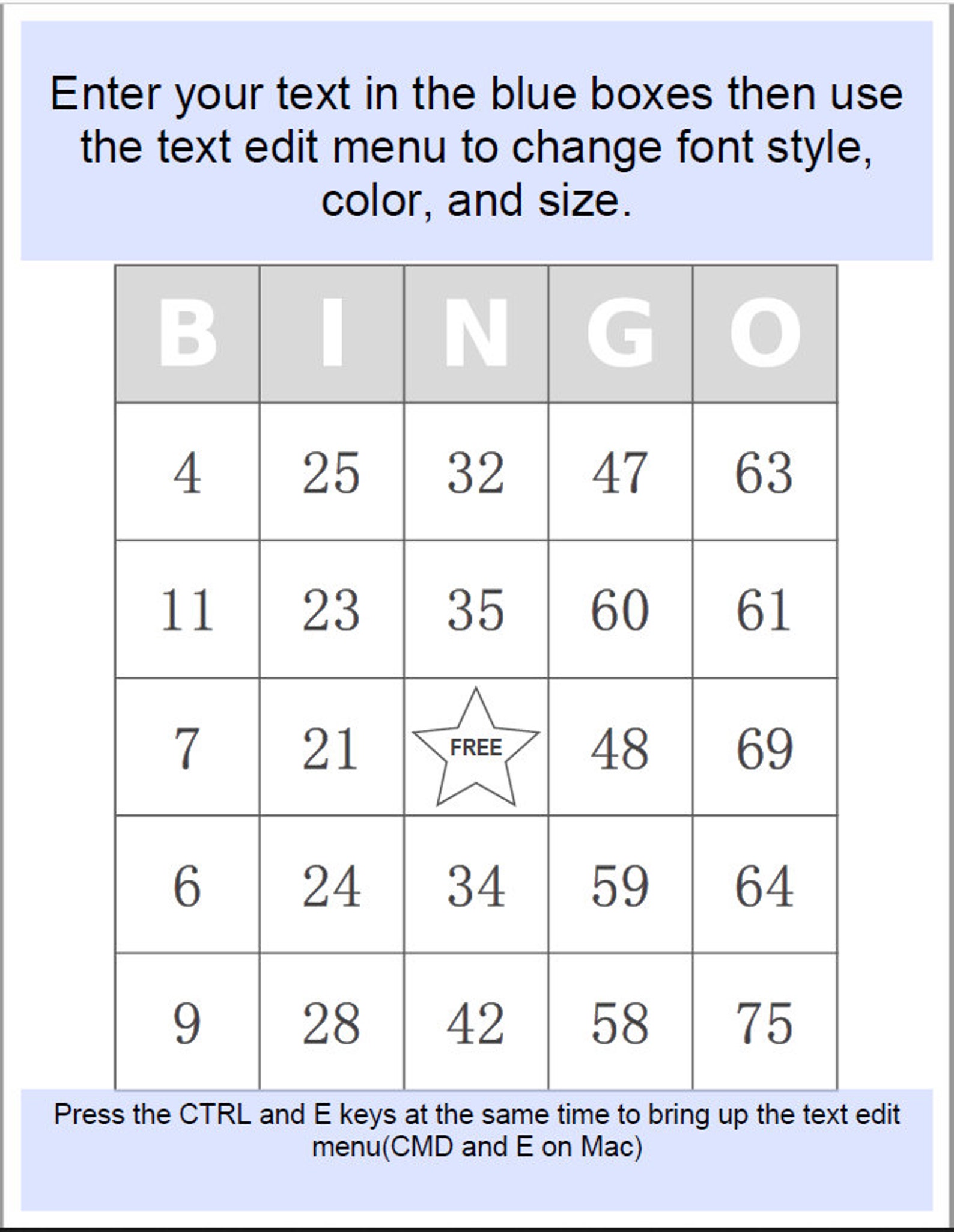 1000 Editable Bingo Cards Template, 75 Call, Top and Bottom Text Edits ...