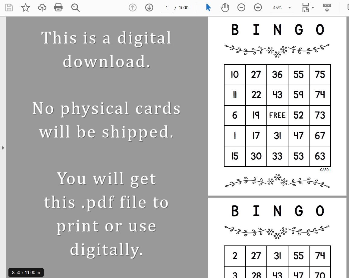 1000 Printable Bingo Cards Pdf Download, 1, 2, and 4 per Page, Instant ...
