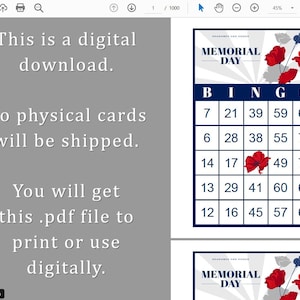 1000 Memorial Day Bingo Cards Pdf Download, 1, 2, and 4 per Page ...
