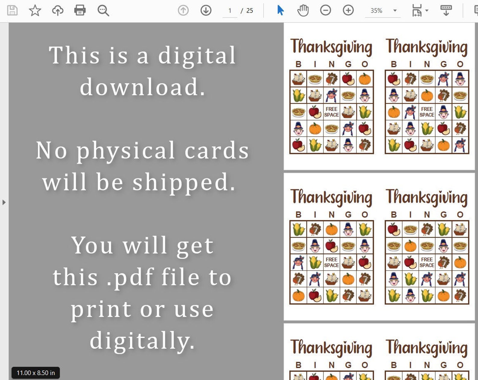 50 Thanksgiving Bingo Cards, 1 and 2 per Page, Instant Printable Fun ...