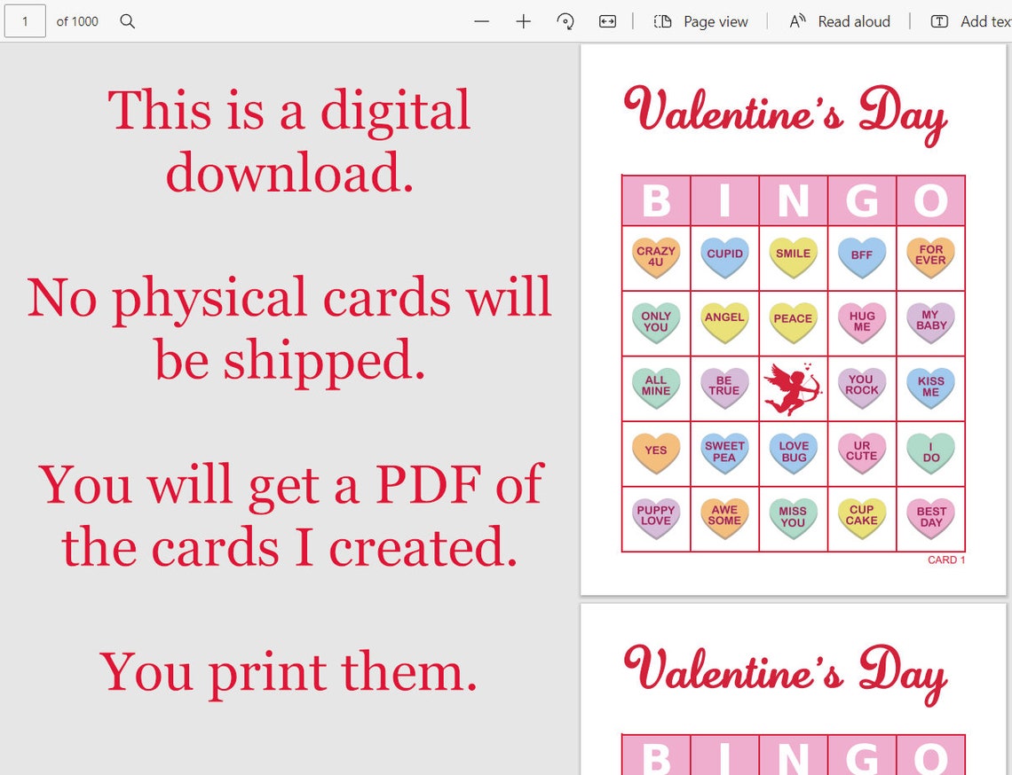 1000 Valentines Day Bingo Cards Pdf Download 1 per Page 36 - Etsy