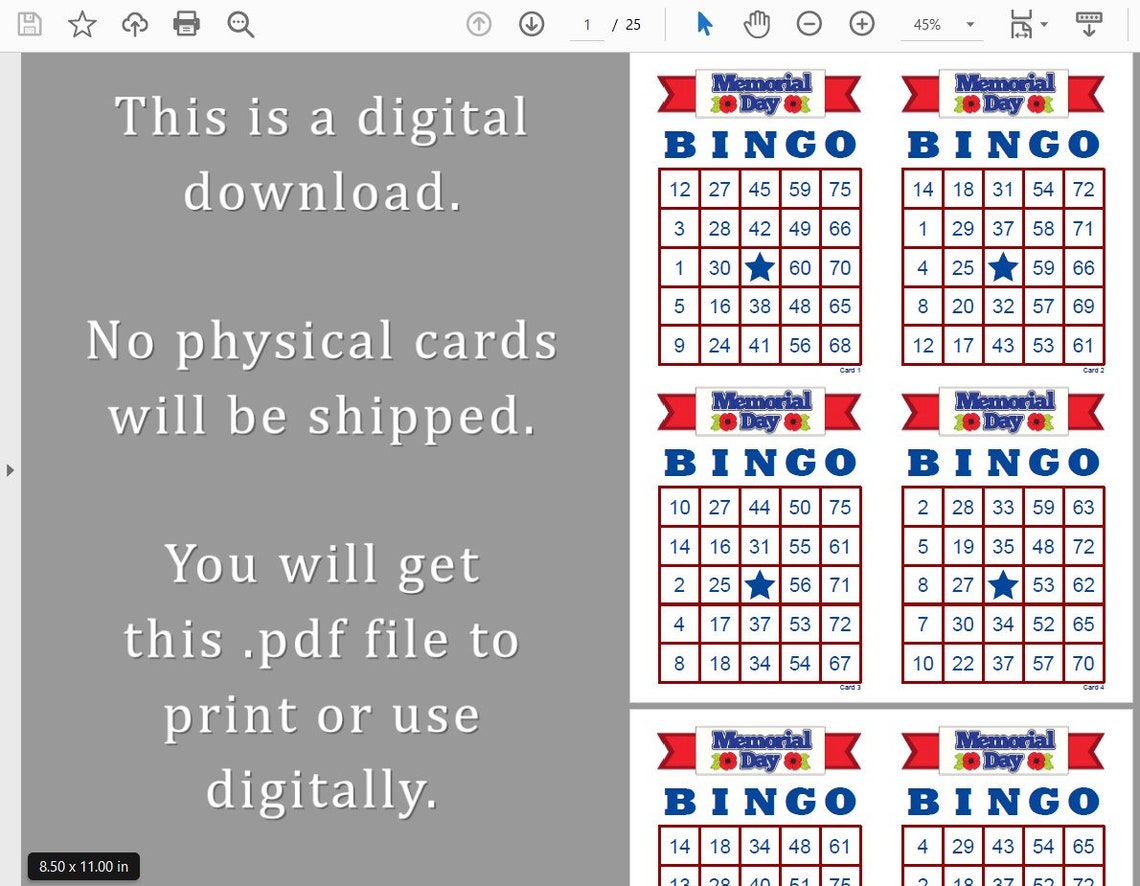 100 Memorial Day Bingo Cards, Pdf Download, 1, 2, and 4 per Page ...