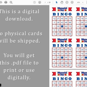 100 Memorial Day Bingo Cards, Pdf Download, 1, 2, and 4 per Page ...