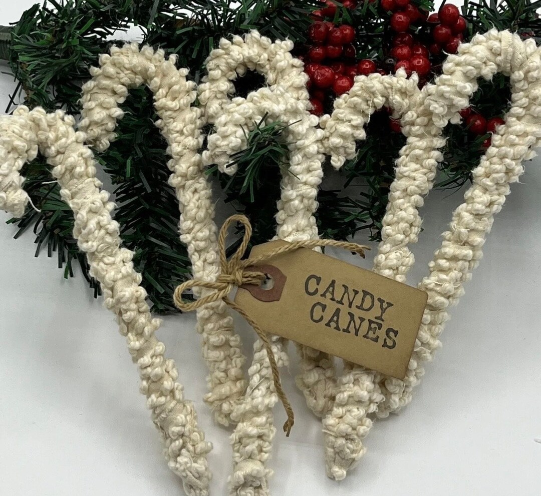 6 Handmade Chenille Hobnail Knot Vintage Candy Canes Farmhouse Neutral ...