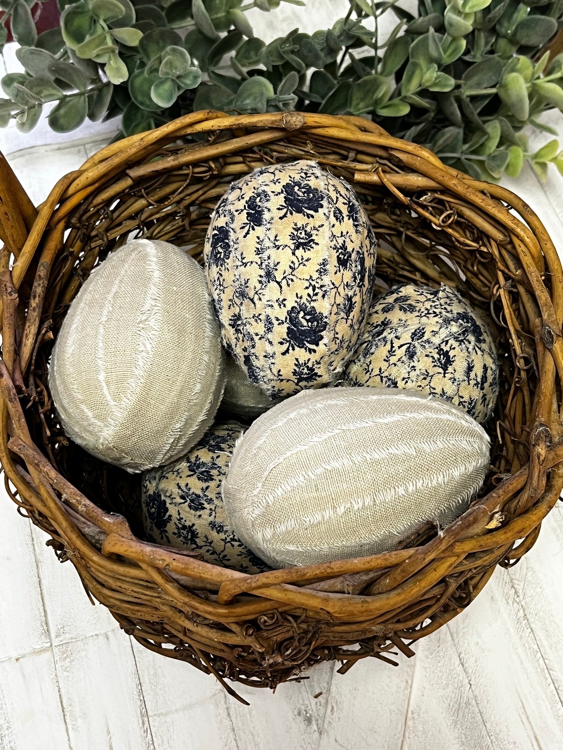 6 Large Primitive Easter Eggs Blue Floral Homespun Tan Easter Eggs Bowl ...