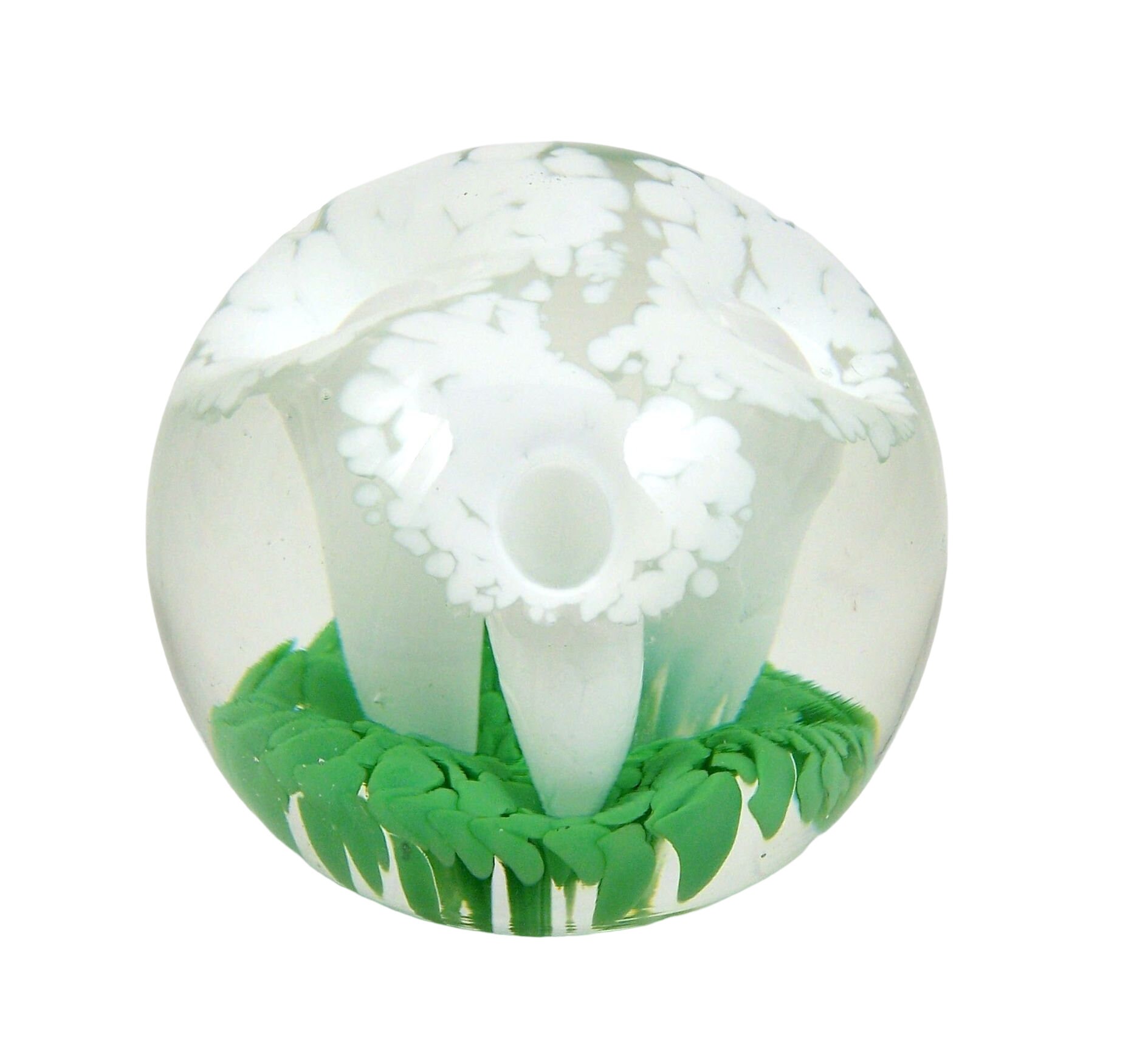 Vintage Glass Paperweight White Calla Lily Flowers on Green Leaves 3 1/ ...