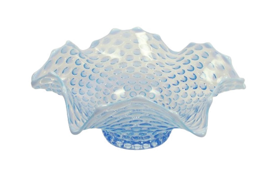 Vintage Duncan & Miller Blue Glass Opalescent Hobnail Crimped Bowl 10 1 ...