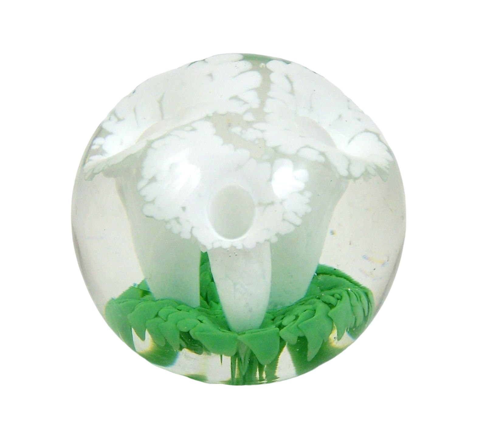 Vintage Glass Paperweight White Calla Lily Flowers on Green Leaves 3 1/ ...