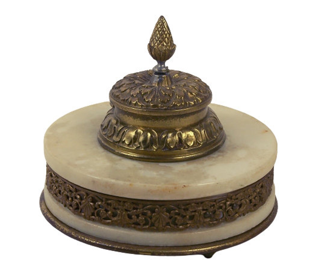 Vintage or Antique Inkwell Round Form Stone & Brass Figural Finial - Etsy