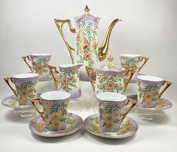 Vintage Tea Pot Set Porcelain Espresso Set Floral Heavy Gold | Etsy