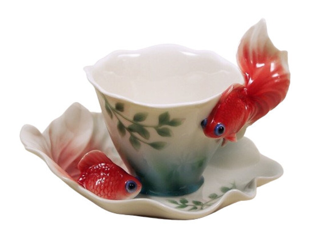 Franz Koi Gold Fish Teacup and Saucer Set 3D Porcelain Leaves FZ00426 ...