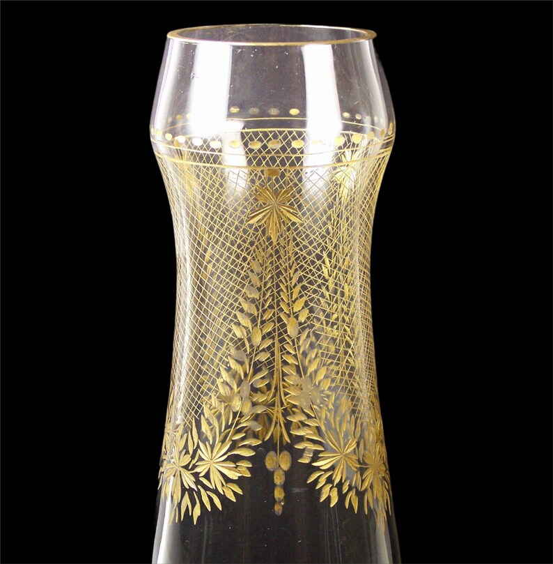 Vintage Moser Etched Crystal Vase Gilt Floral Highlights W/ Lattice 13 ...