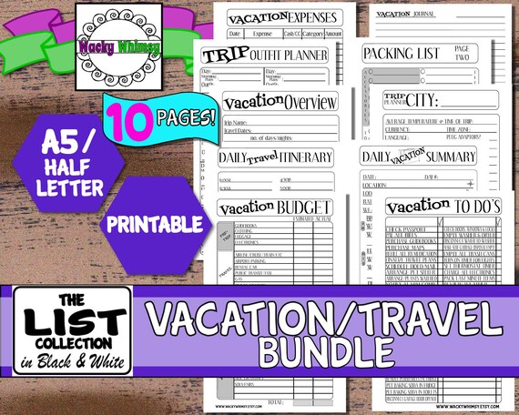 Vacation Travel Bundle Planner Inserts 10 Pages Black & | Etsy
