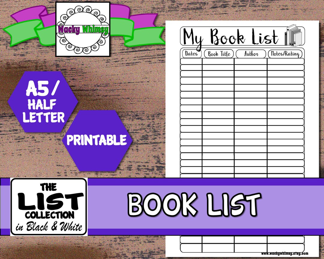 Book List Planner Insert - Printable - A5/half Letter - Room for Author ...