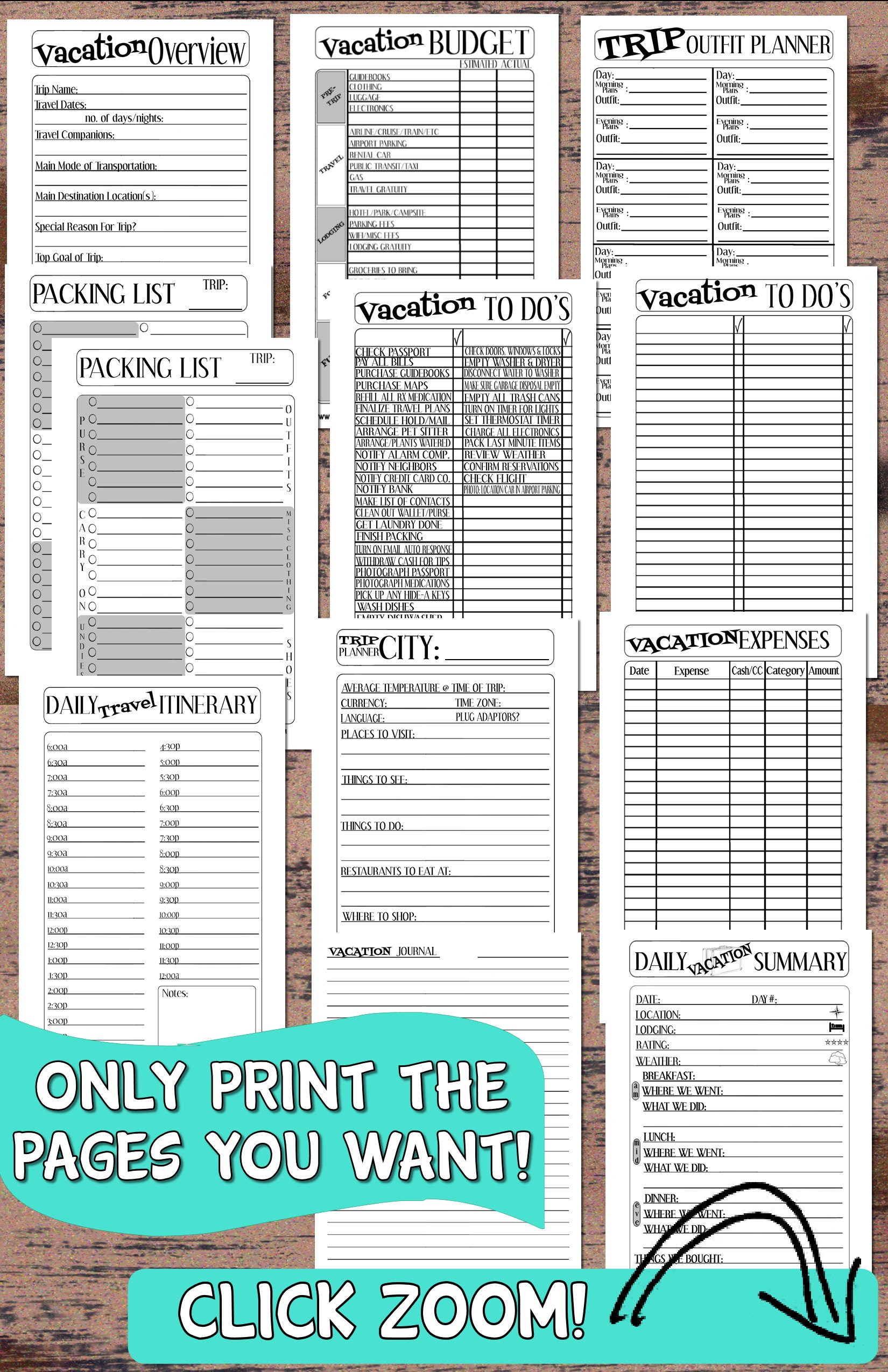 Vacation Travel Bundle Planner Inserts 10 Pages Black & | Etsy