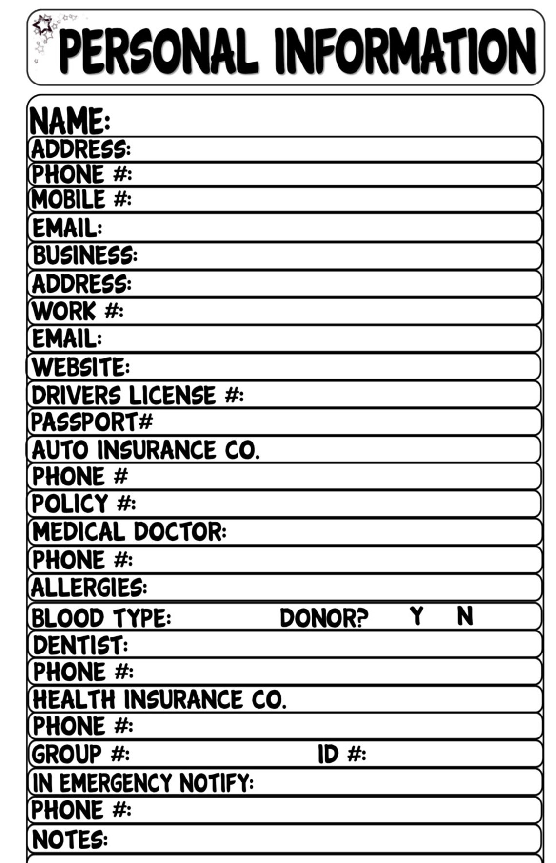 Personal Information List Planner Insert | Black & White Print ...