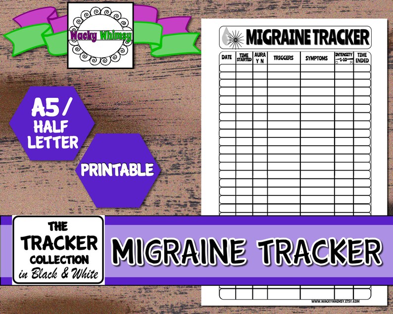 Migraine Tracker Planner Insert | Black & White | Printable | A5/half ...