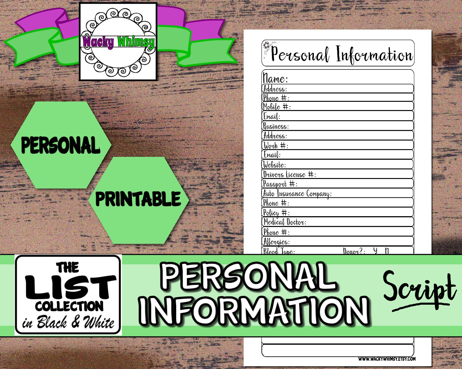 Personal Information List | Planner Insert | Black & White Script ...