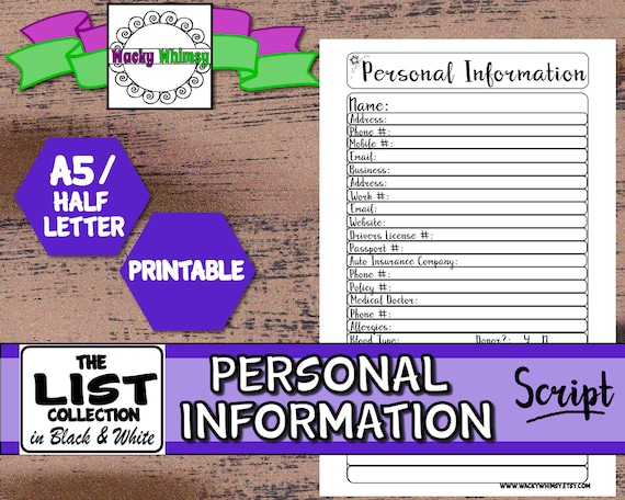 Personal Information List Planner Insert Black & White | Etsy